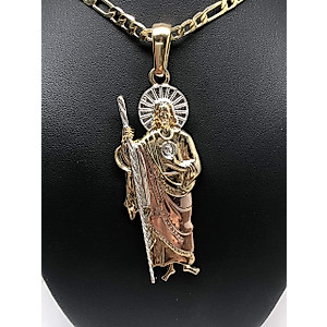 Big Saint Jude Pendant Necklace Figaro 26" San Judas Tadeo XL Tres Colores Medalla Con Oro Laminado