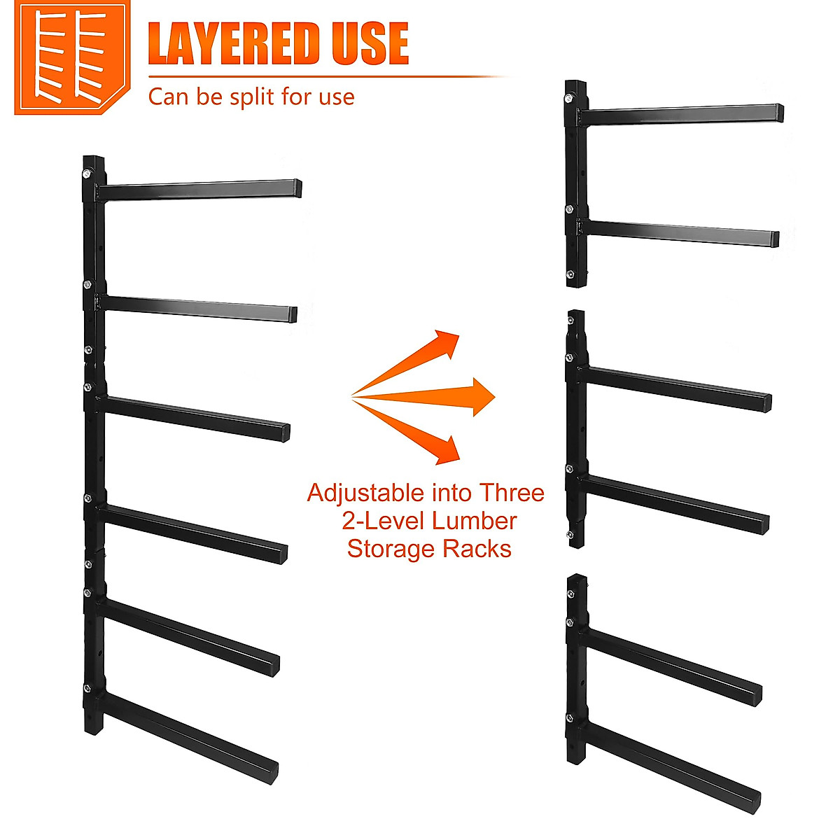 LOCKIETTA 6-Tiered Collapsible Wall Mount Lumber Storage Metal Rack, 6-Level Foldable Heavy Duty Indoor Garage Wood organizer, Outdoor Adjustable Steel Multipurpose Workshop Shelf, Holds up to 600Lbs