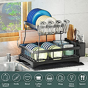 Dish Drying Rack, Detachable 2 Tier Dish Rack and Drainboard Set, Large Capacity Dish Drainer Organizer Shelf with Utensil Holder, Cup Rack, Extra Drying Mat for Kitchen Counter, Black