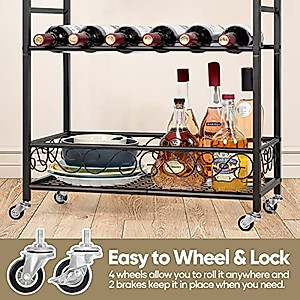 melos Bar Cart, Mobile Bar Serving Cart, Rolling Wine Cart with Glass Stemware Rack and Wine Bottle Holders, ndustrial Vintage Style Kitchen Serving Cart for, Kitchen(Brown)