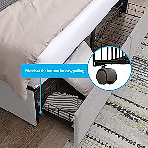 Mjkone California King Size Bed Frame with 4 Storage Drawers,Upholstered Platform Metal Bed with Premium Linen Fabric,Cal King Bed Base Frame with Metal Support,Easy Assembly/Space Saving-Light Grey