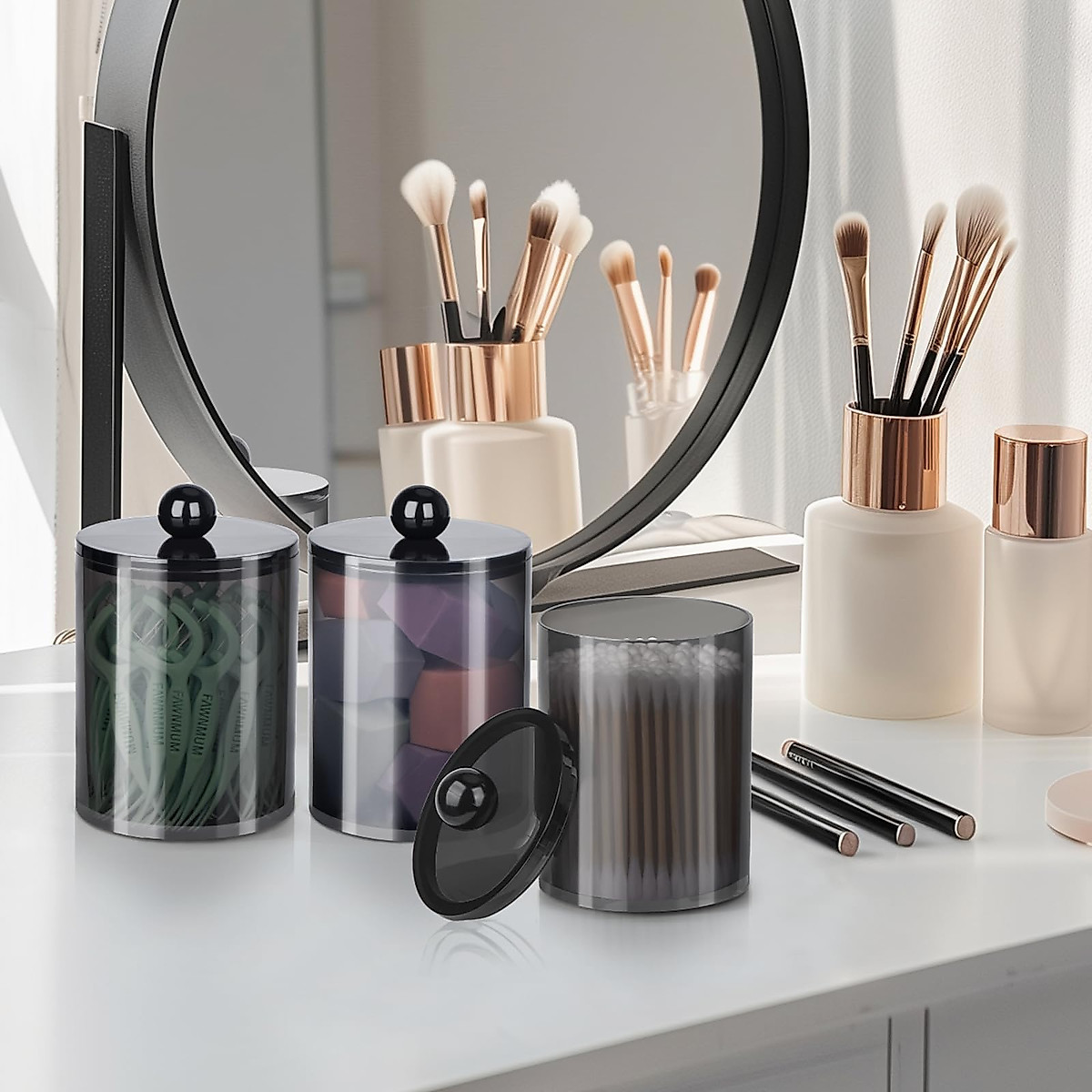 XIPENGKEJI 2 PACK Qtip Holder-10 oz, 12 oz, Qtip Holder Dispenser for Bathroom Canister Storage Organization, Vanity Makeup Organizer, for Cotton Ball, Cotton Swab, Cotton Rounds,Floss Picks.(Black)