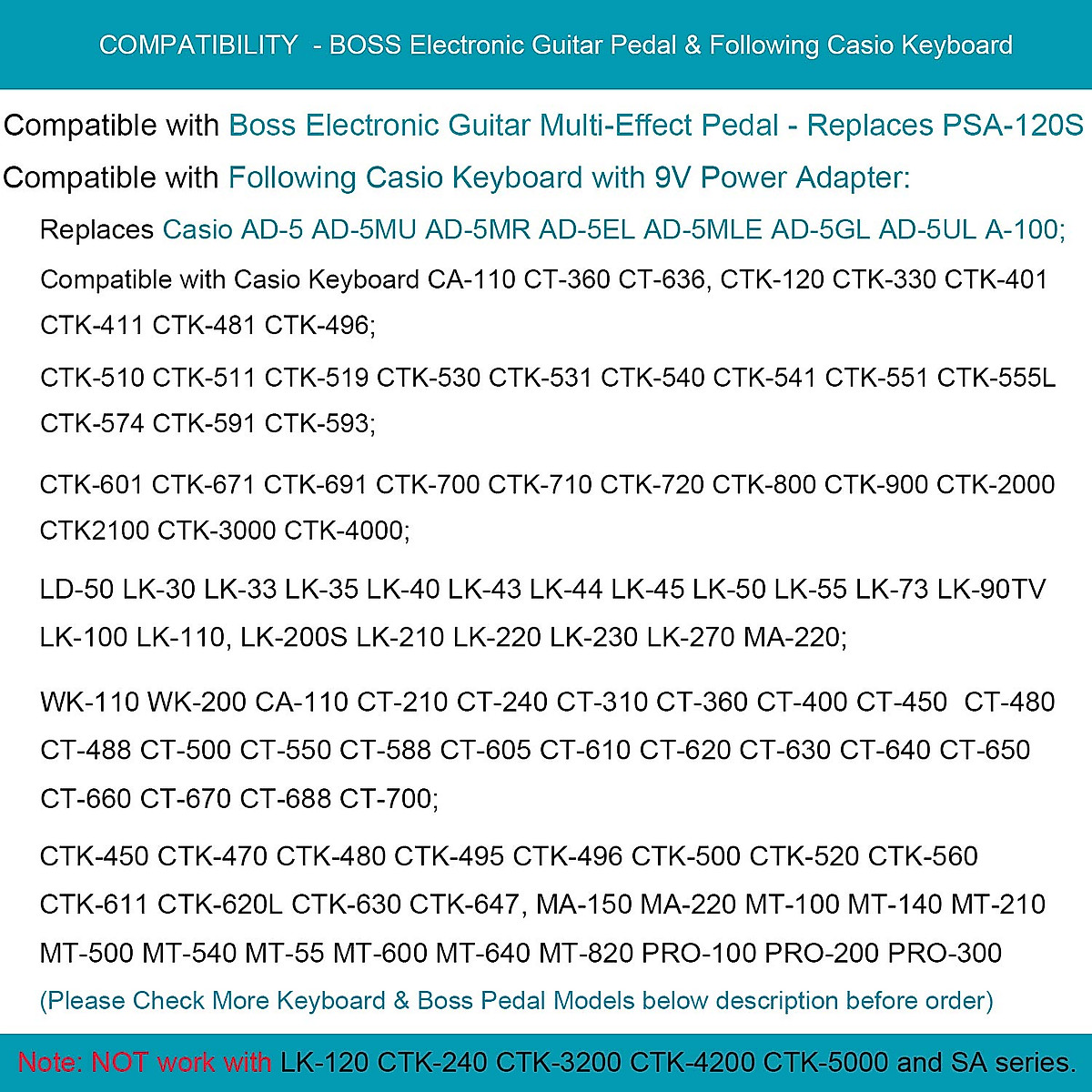 6FT Extra Long Power Adapter Cord for Casio CTK-451 CTK-471 Keyboard Wall Charger Power Supply