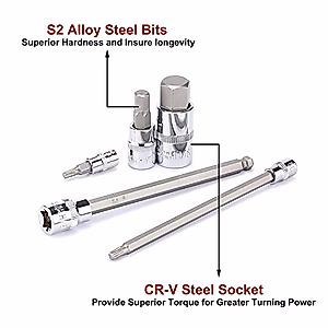 CASOMAN 107 Pieces Bit Socket Set, 1/4", 3/8" and 1/2" Drive, Torx/Extra Long Torx/Tamper Proof Torx/Hex/Ball End Hex, SAE/Metric, S2 Steel Bits