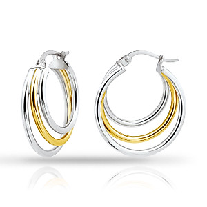 Hoops & Loops Sterling Silver Two-Tone Triple Circle Round-Tube Polished Hoop Earrings, 20mm