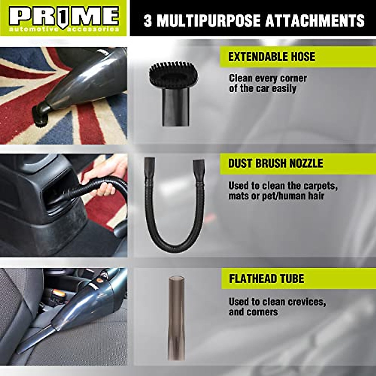 PR1ME Handheld Car Vacuum Cleaner, DC 12V Portable Car Vacuum Cleaner, Strong Suction High Power Hand Vacuum, LED Light, w/ 3 Attachments, 16 Ft Cord, Lightweight Dry Wet Amphibious Vehicle Cleaner