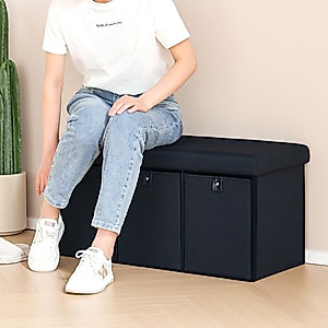 PINPLUS Storage Ottoman Bench with Drawers, 30inches Black Linen Fabric Folding Storage Chest Padded Seat Modern Dressing Stool, Footrest Shoe Bench for Bedroom Bathroom Living Room Entryway Offices
