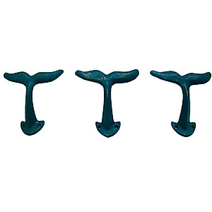 Navy Blue Whale Tail Cast Iron Wall Hooks, Wall Mounted for Hanging Coats, Purses, Towels, Hats, Beach Themed Wall Décor, Set of 3, 4.5 Inches High