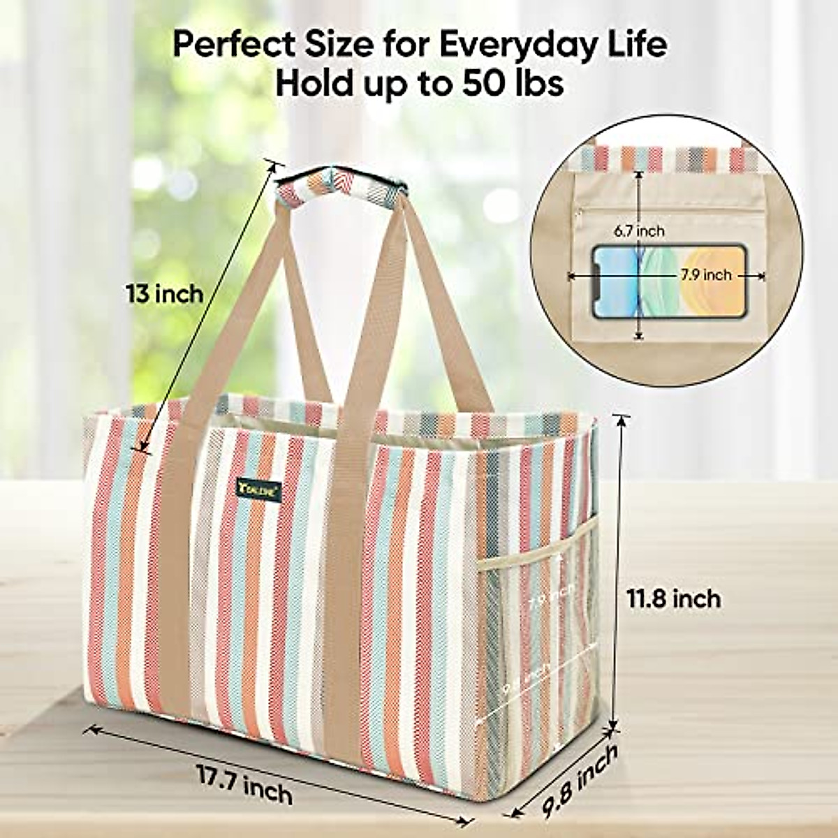BALEINE Soft 9 Gallon Extra Large Utility Tote, Foldable Reusable Storage Bag (Color Stripe)