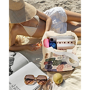 Miss Adola Aesthetic Heavy Canvas Tote Bag with Pocket for Women, Chic Bible Quote Collages Design Casual Sturdy Christian Cloth Cotton Gusseted Totes Bag with Pattern for Vacation, Shopping, Gym