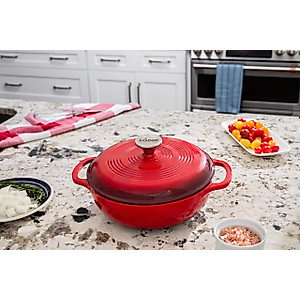 Lodge 3 Quart Enameled Cast Iron Dutch Oven with Lid – Dual Handles – Oven Safe up to 500° F or on Stovetop - Use to Marinate, Cook, Bake, Refrigerate and Serve – Island Spice Red