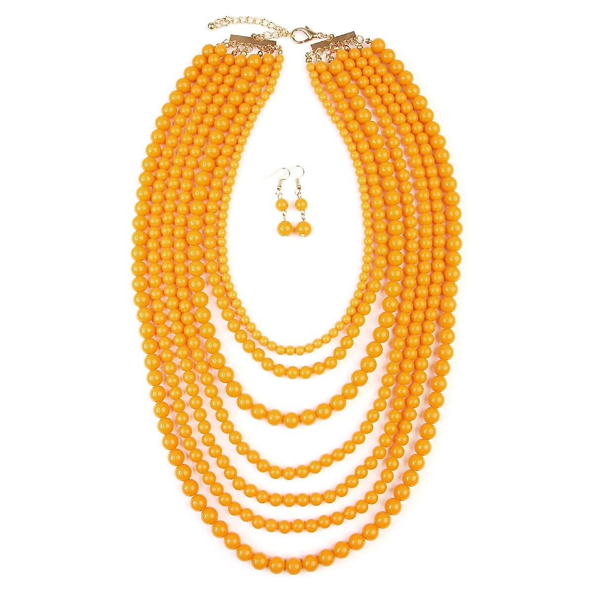 RIAH FASHION Multi Layer Beaded Bubble Statement Necklace - Round Ball Chunky Drape Bib Collar 7 Strands (7 Strand Long - Mustard Yellow)