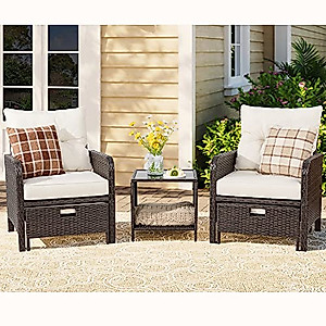 Vongrasig 5 Piece Wicker Patio Furniture Set, All Weather PE Wicker Rattan Outdoor Chair and Ottoman Set, Small Cushioned Patio Chairs with Ottoman Underneath for Lawn Garden Backyard (Beige)
