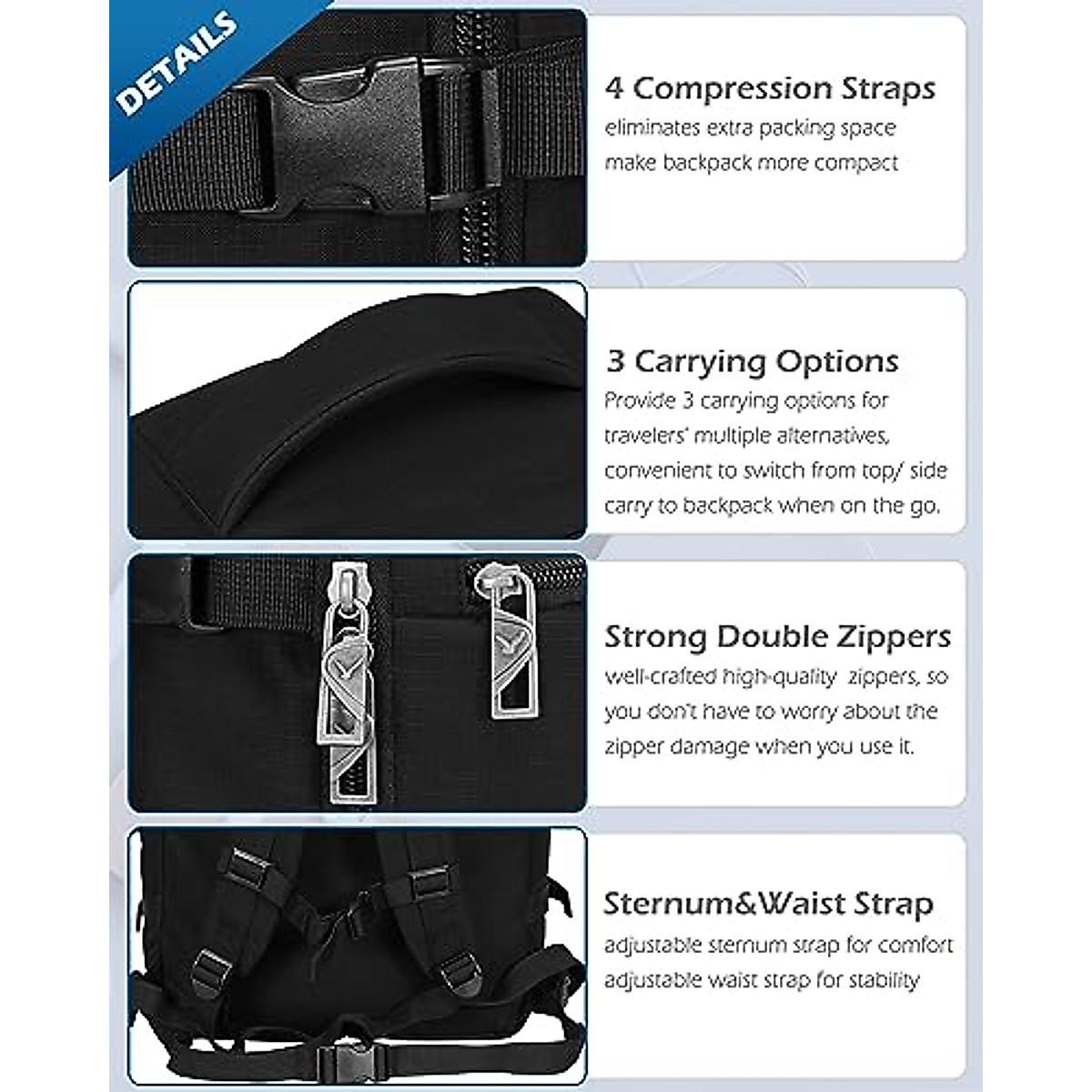 Hynes Eagle Travel Backpack 40L Flight Approved Carry on Backpack Men Large Cabin Weekender Laptop Backpack Women 15.6 inches Black with 3PCS Packing Cubes Set Black