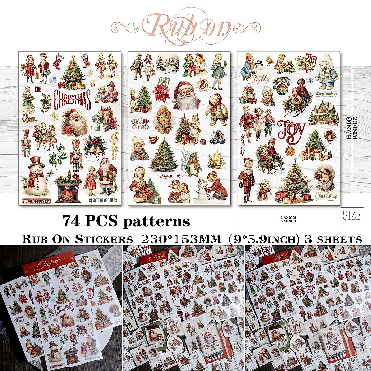 Rub On Transfers for Crafts Pressure Transfer Stickers Fit Cloth Glass Acrylic Wood Furniture Stone Scrapbooking Stuff Small Vintage Junk Journal Supplies (Christmas)