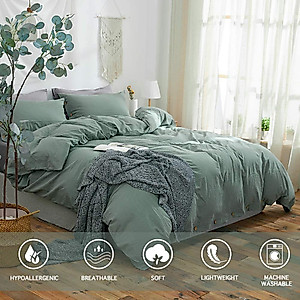 TanNicoor 100% Washed Cotton Duvet Cover Queen Size (90x90 Inch), 3 Pieces (1 Sage Green Duvet Cover + 2 Pillowcases) Soft, Cooling, Breathable Comforter Cover Set with Buttons Closure, Corner Ties