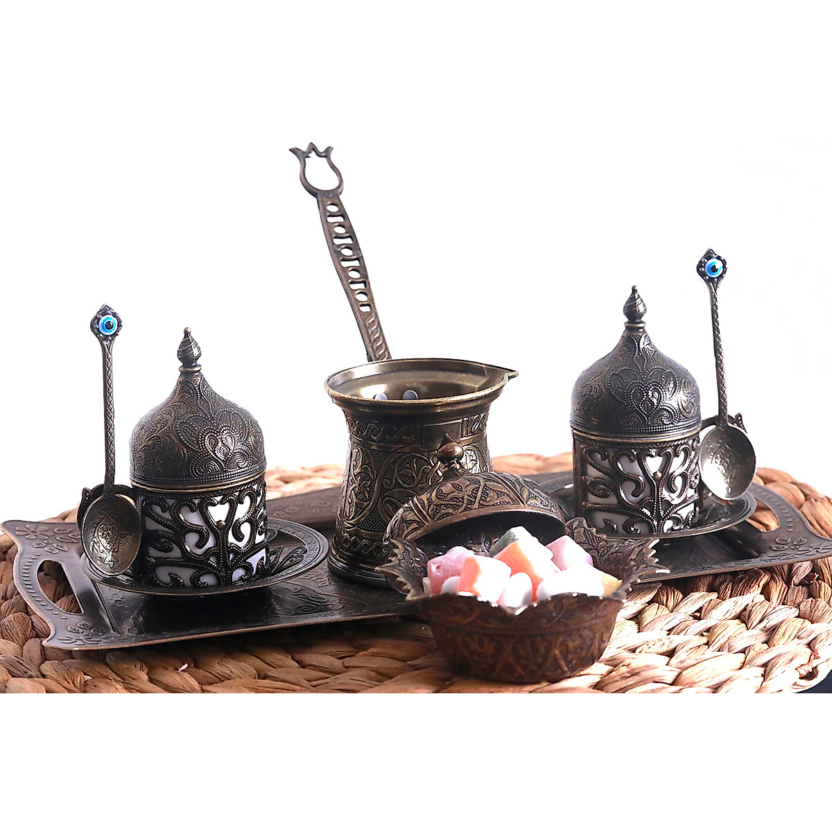 HeraCraft Antique Bronzed Color Turkish Coffee Serving Full Set - with Turkish Coffee Multi Serving Tray 6 oz Coffee Pot 2pcs Cups Lids Tray Sugar Bowl Spoons - Best Gift Set