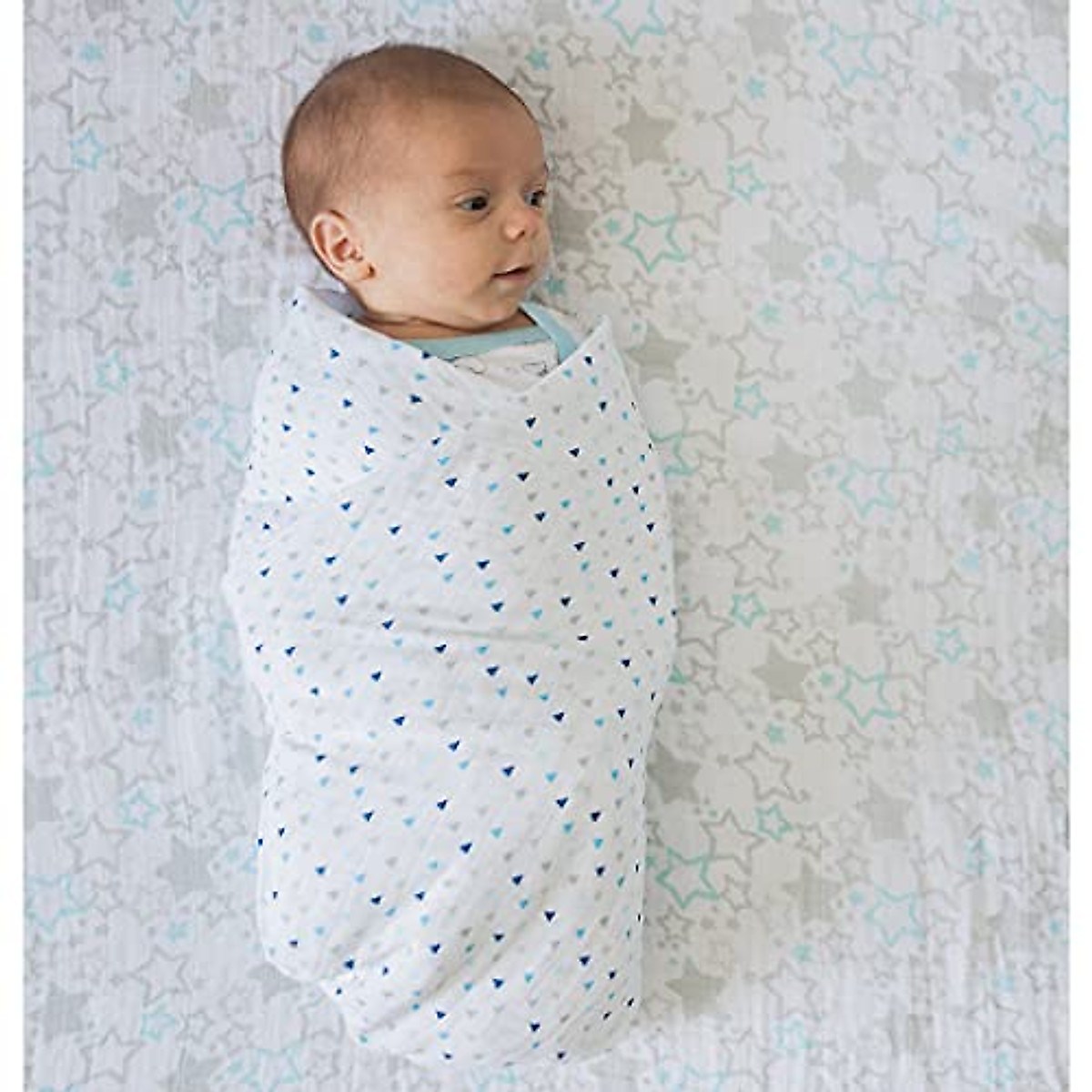 SwaddleDesigns Cotton Muslin Swaddle Blankets, Set of 4, Receiving Blankets for Baby Boys & Girls, Best Shower Gift, 46x46 inches, Blue Starshine & Dots