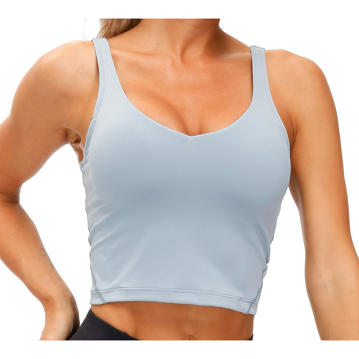 Women’s Longline Sports Bra Wirefree Padded Medium Support Yoga Bras Gym Running Workout Tank Tops (Denim Blue, Medium)