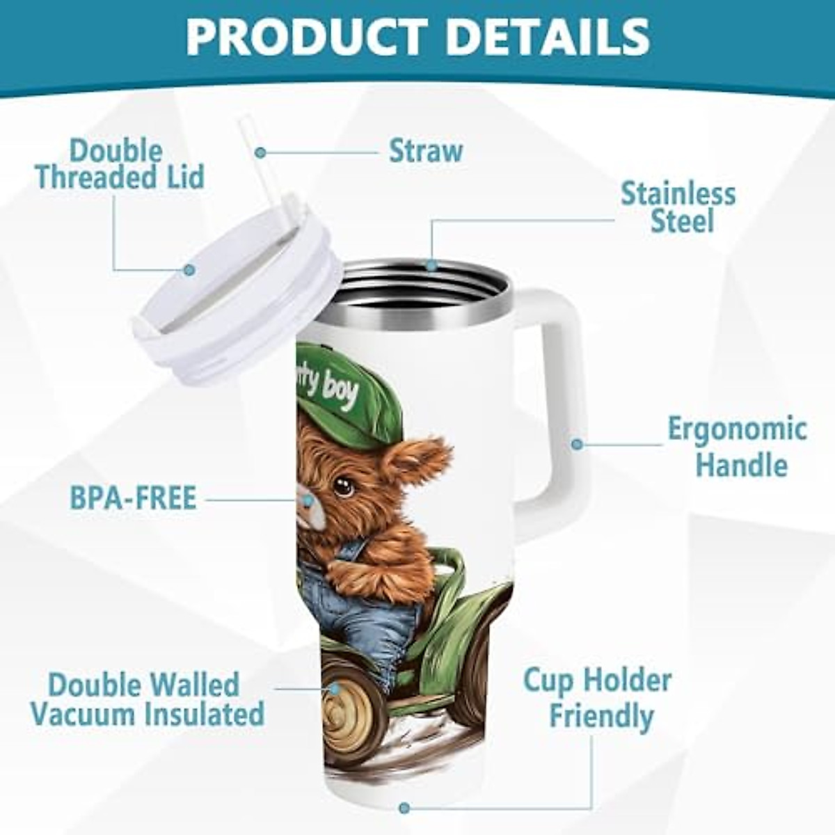 RPLIFE Cute Highland Cow White Stainless Steel Mug, Insulated Coffee Mug with Lid, Tumbler for Men