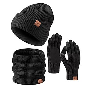 Winter Beanie Hat Gloves Set for Men Women, Hats for Men Touchscreen Gloves for Cold Weather, Fashion 3 in 1 Winter Warm Set(Black)
