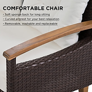 4-Piece Outdoor Patio Furniture Set, Sofa Garden Conversation Bistro Sets PE Rattan Wicker Sofa Set with Cushion, Wood Table and Legs, for Lawn, Porch, Poolside, Backyard, Brown and Beige