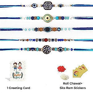 SATVIK 5 Pc Evil Eye Rakhi for Brother Bhaiya Bhabhi Traditional Handmade Assorted Designer Rakhi Set Roli Chawal, Greeting Card & Soun Stickers Rakhi Thread Rakhdi Bracelets Rakshabandhan