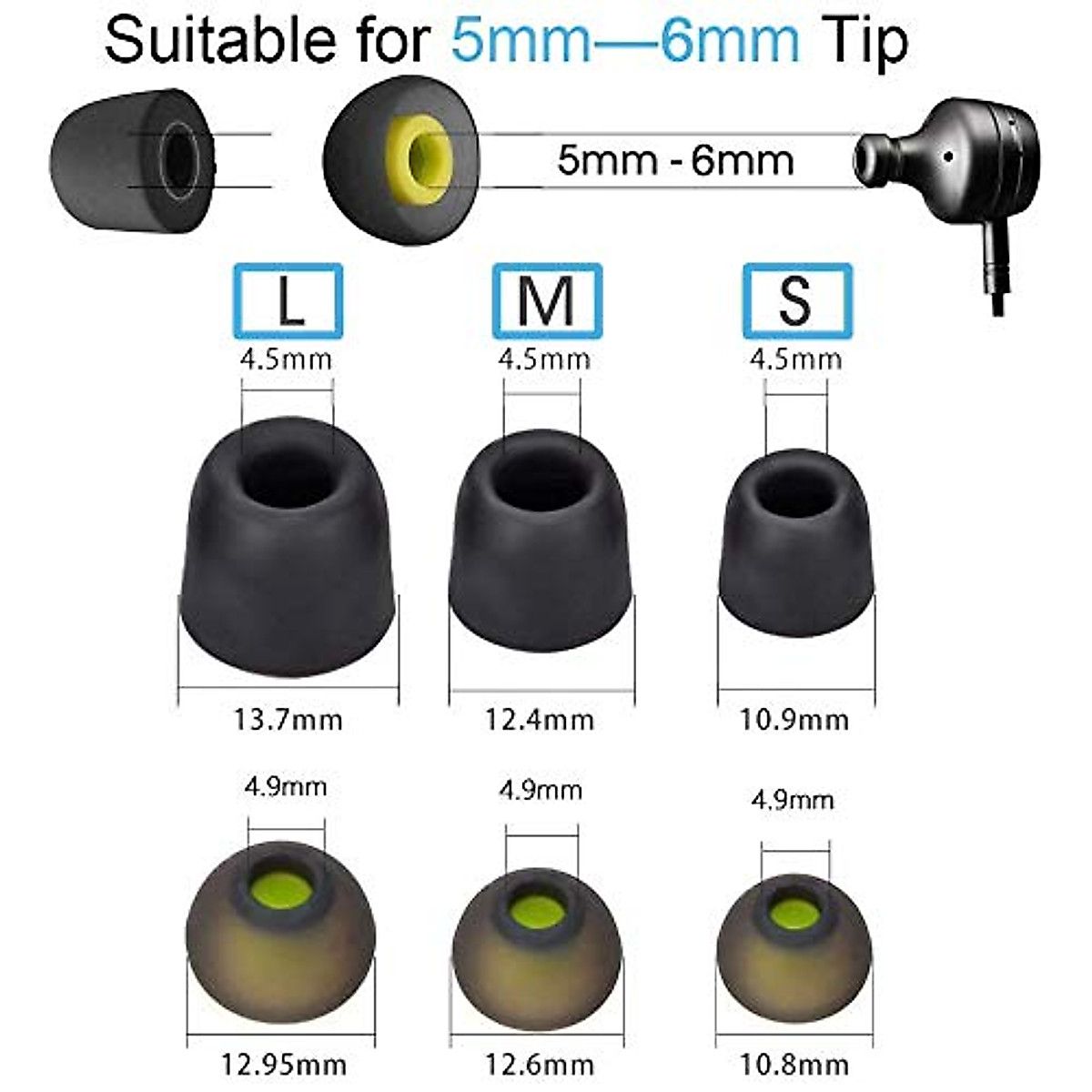 [6 Pairs] Foam Earbud Tips S M L for 5mm-7mm Earphone Anti-Slip Silicone Earbud Covers Memory Ear Bud Foam Rubber Tips Noise Cancelling in Ear Headphone Tips