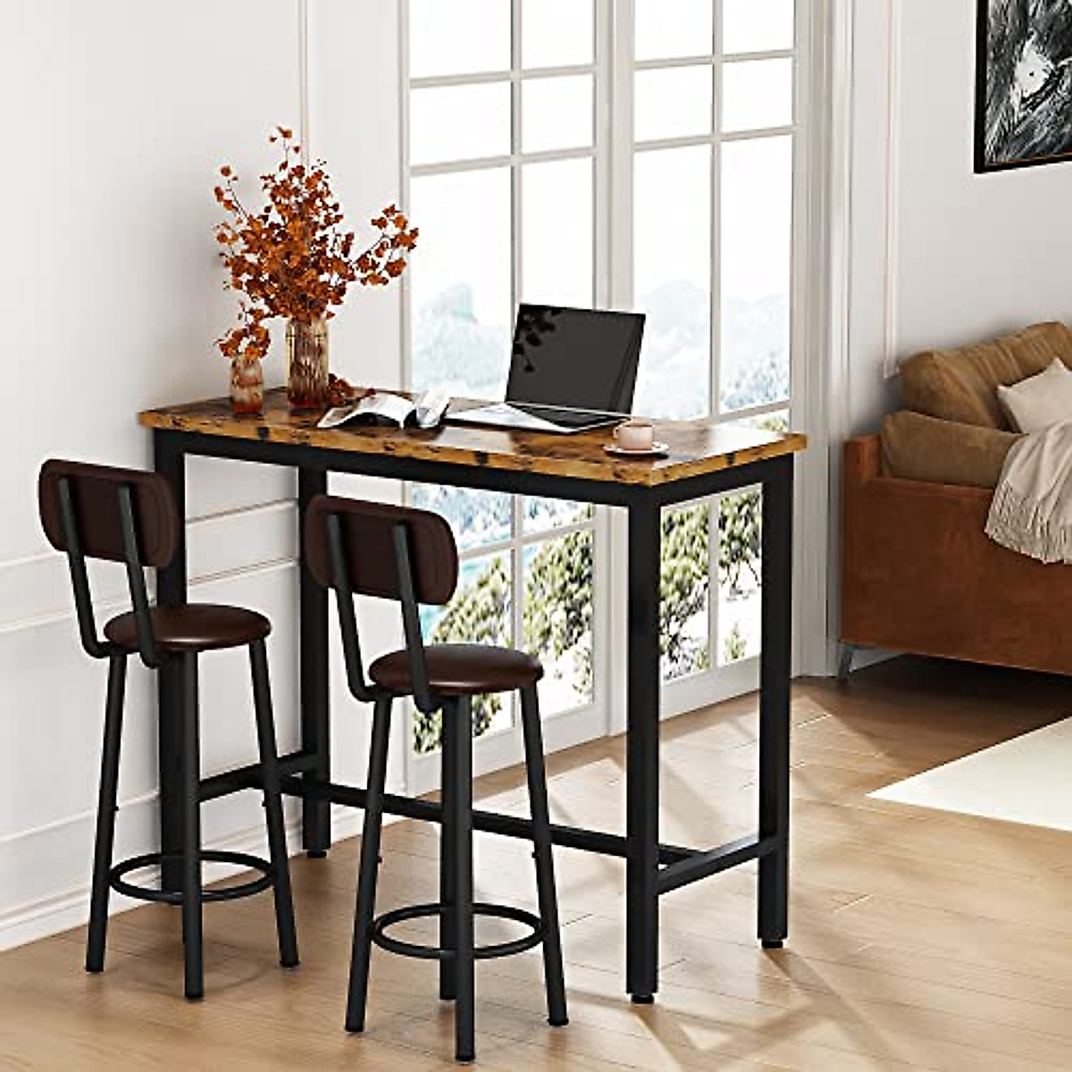 AWQM Bar Table Set of 2,39.3" Pub Height Table & 2 PU Upholstered Stools with Backrest,Industrial 3 Piece Breakfast Bar Table Sets,for Living Room,Kitchen,Bar,Rustic Brown & Black & Brown