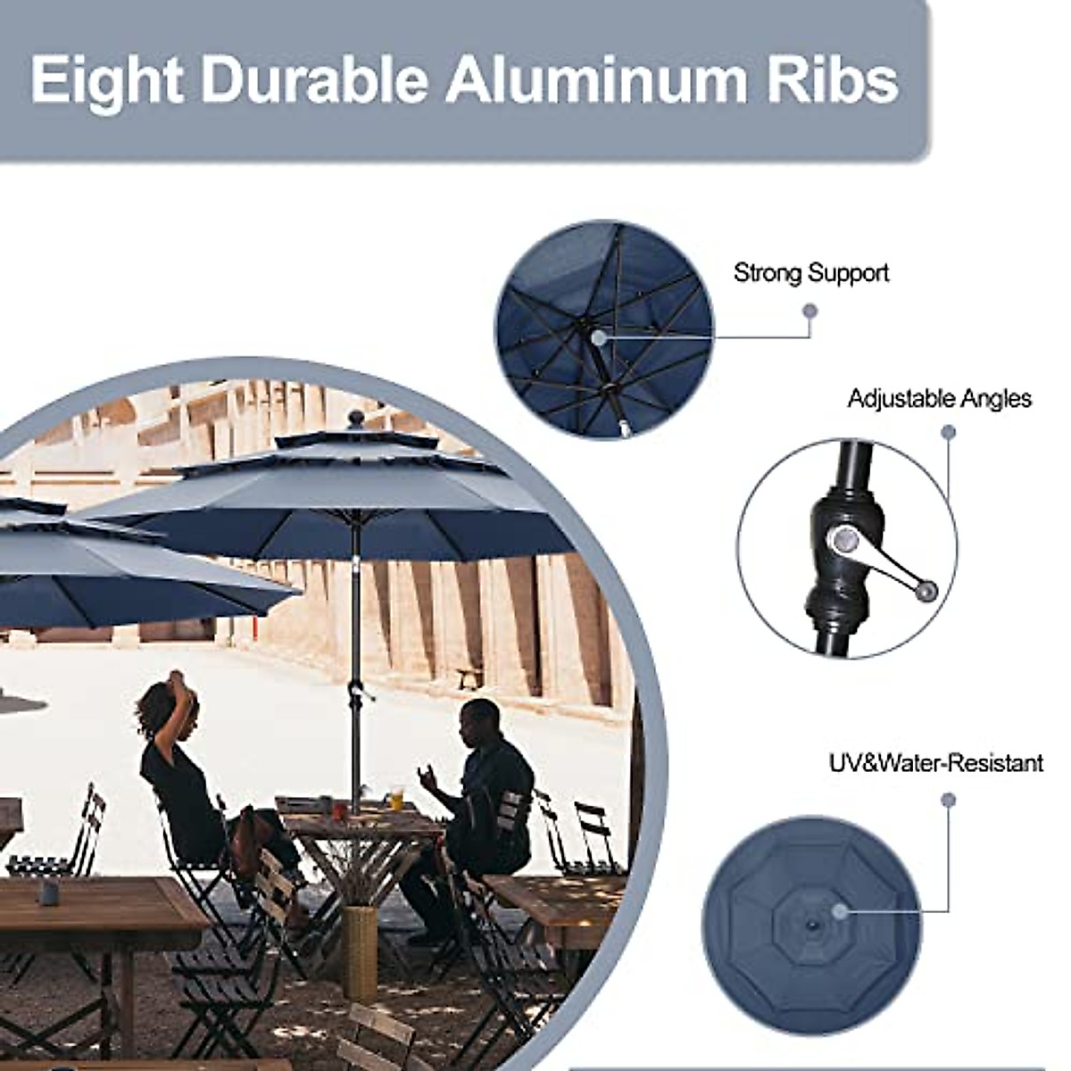DOIT 10Ft Patio Umbrella with 8 Sturdy Ribs,Outdoor Table Market Umbrella Three Tires Roof with w/Tilt Adjustment and Crank for Garden,Deck,Backyard,Pool (No Base)