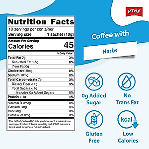 FITNE Instant 3 In 1 Coffee Packets Mix With Herbs Cinnamon Garcinia Safflower Spice Latte Smooth Blend No Sugar Sucralose Sweetener, 10 Sticks