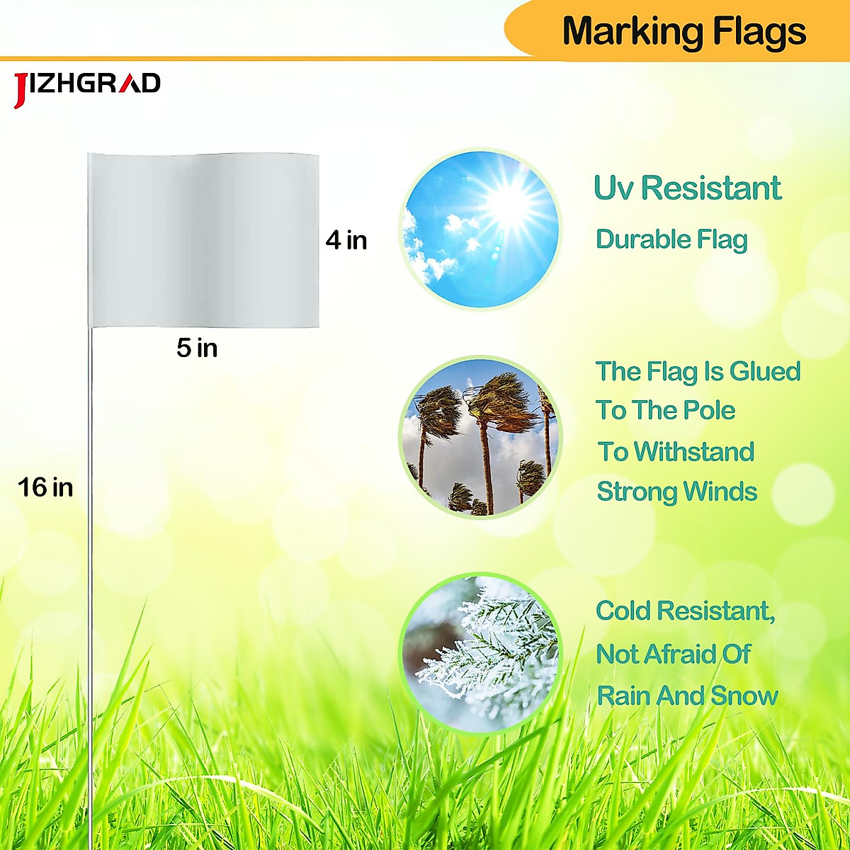 JIZHGRAD White Marking Flags for Lawn, 100 Pack Yard Flags | 4x5x16 Inch, Boundary Flags Dog Training,Marker Flags,Invisible Fence, Lawn/Survey/Landscape/Sprinkler/Surveyor/Stake Flags