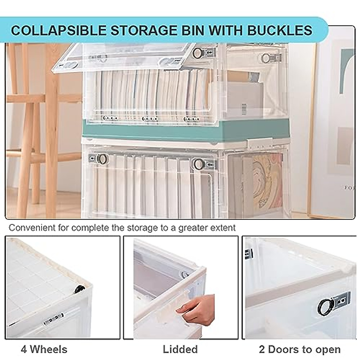 4utoHydra 4 PCS Collapsible Storage Bins, 80L Plastic Storage Bin Organizing Container with Lid and 4 Wheels, Clear Folding Plastic Container, Storage Organizer Five Doors with Secure Latching Buckles ( Extra Large , White)