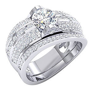 Dazzlingrock Collection 6.5mm Round Cubic Zirconia 3 Row Wedding Ring Set for Her (3.20 ctw, Color White, Clarity Clean) in 925 Sterling Silver Size 10