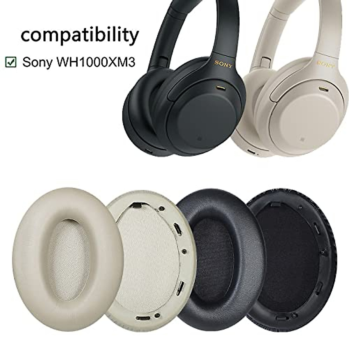 Replacement Ear Pads Cushions Compatible with Sony WH-1000XM3, Earpads for WH 1000XM3 Headphones, Soft High Protein Leather, Superior Noise Isolation Memory Foam(Black)