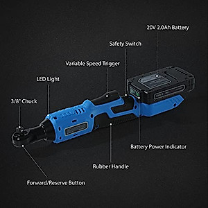 WISETOOL 20V Cordless Electric Ratchet Wrench Set,3/8" Power Ratchet Wrench Kit with 2-Pack 2000mAh Lithium-Ion Batteries,Max Torque 60N.m(44.25 ft-lbs),Variable Speed,9 Sockets and and Tool Bag