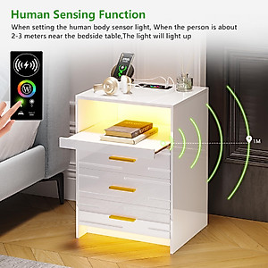 HNEBC RGB LED Nightstand with Wireless Charging Station, Smart Night Stand with 3 Drawers and Sliding Tray, Modern Bedside Table for Bedroom Furniture, High Gloss End Sofa Tables (White)