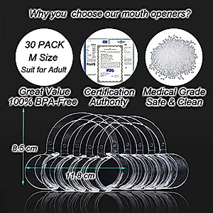 30-Pack Dental Cheek Retractor, Professional Autoclavable Mouth Opener Retractors, 100% BPA-Free, for Dentist, Teeth Whitening, Party, Mouthguard Challenge Game - Size M, Clear