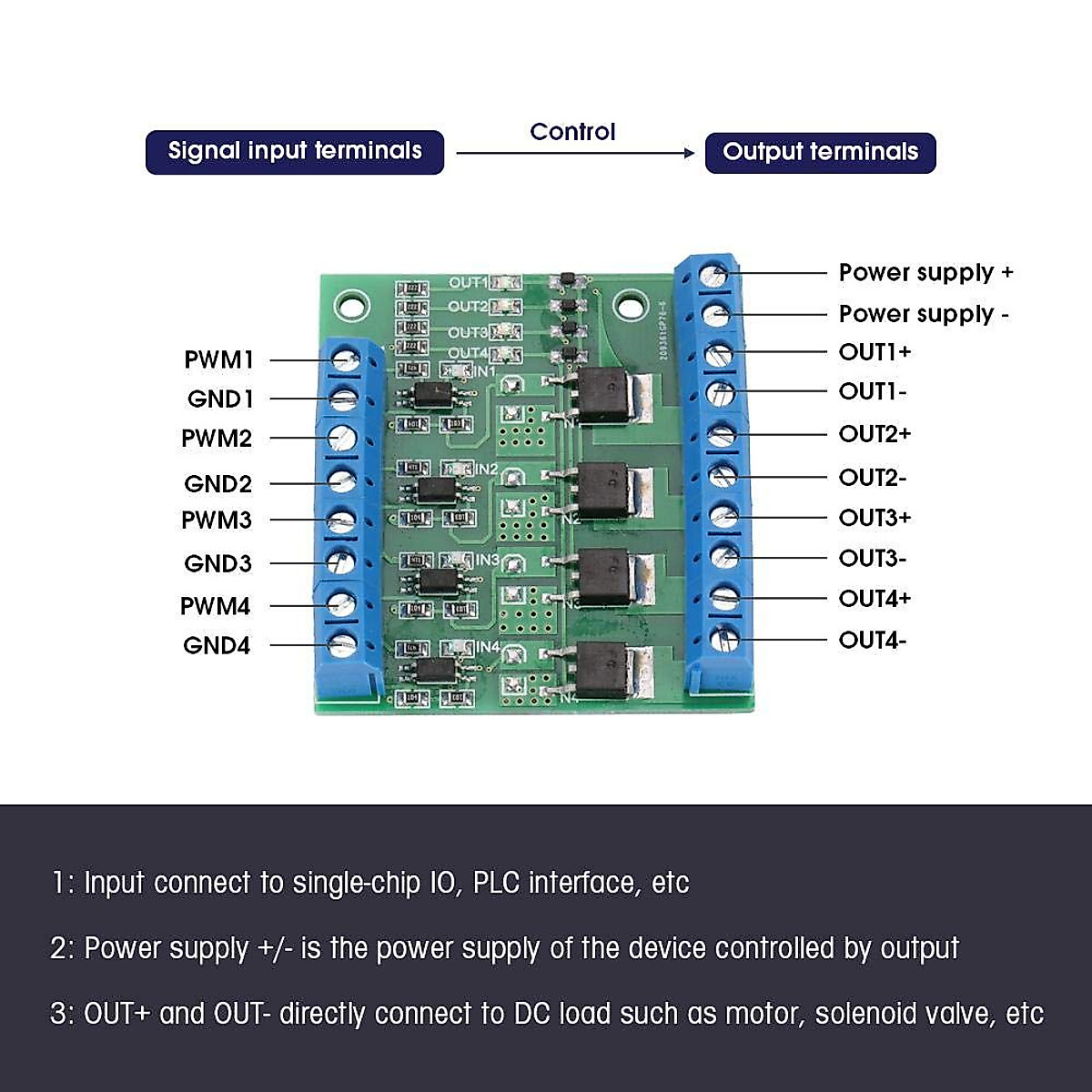 MOS FET PWM 3-20V to 3.7-27VDC 10A 4-Channel Driver Module PLC Amplifier Circuit Board