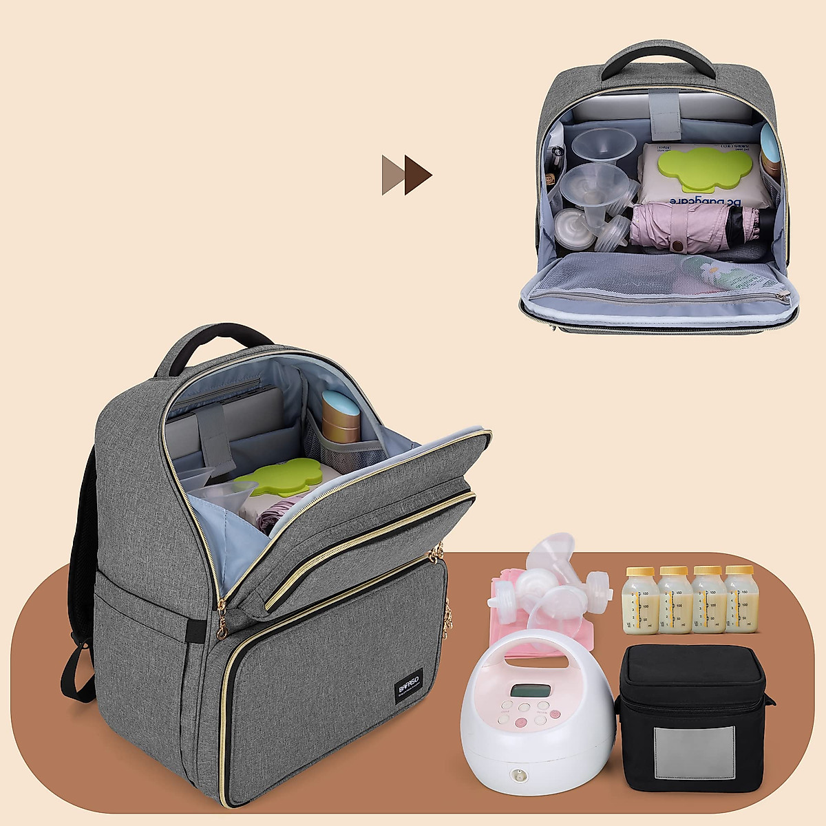 BAFASO Breast Pump Bag with Laptop Sleeve, Breast Pump Backpack Compatible with Spectra S1, S2 and Most Breast Pump Brands (Bag Only), Gray