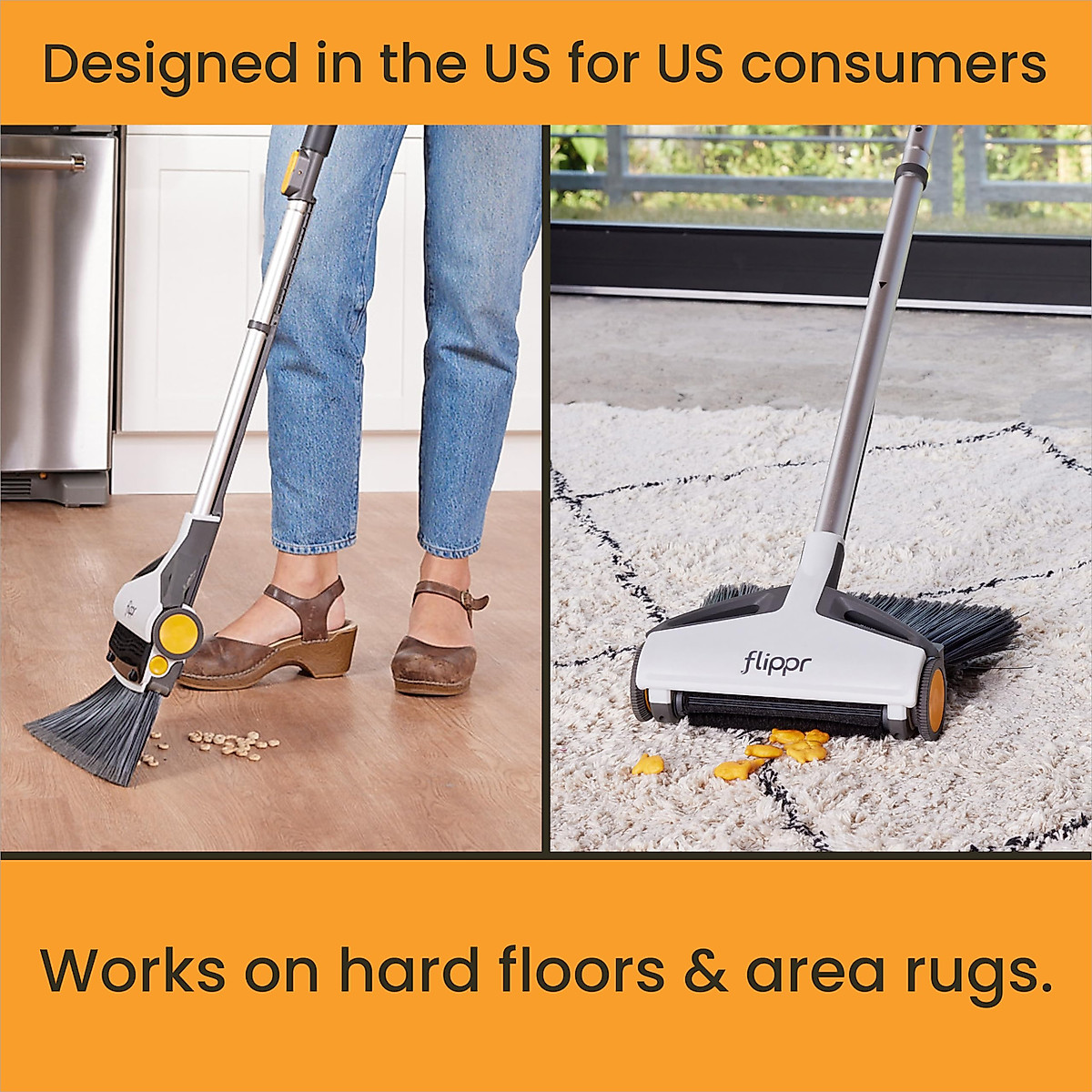 Flippr Sweeper Broom with Integrated Dustpan – Flip Between Broom and Sweeper – One Convenient Tool for Quick Cleanups - No Bending Down, Lightweight, No Noise