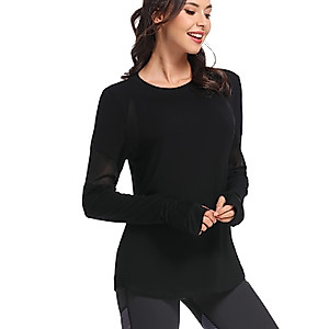 Muzniuer Long Sleeve Workout Tops for Women Gym Exercise Athletic Shirts Long Sleeve Yoga Shirts Loose Sports Shirts with Thumb Hole Running Activewear for Women Black L