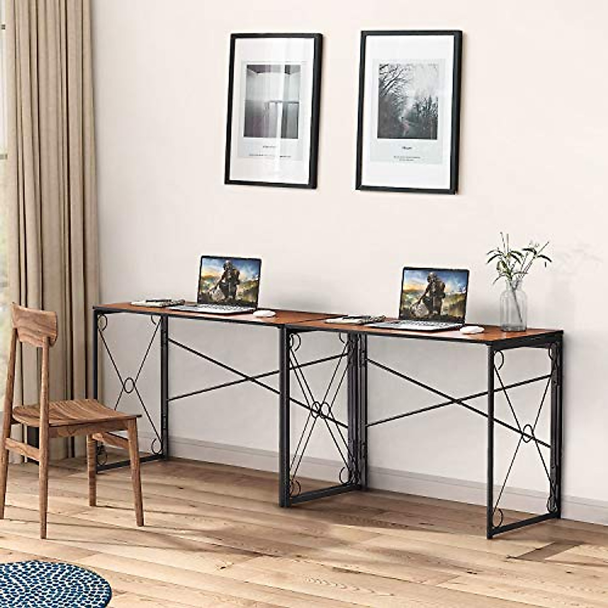 VECELO Computer Corner Desk, 59''x59'' Large L Shaped Home Office Workstation, Industrial Multi-Usage Long 2 Person Table, Easy Assembly/Saving Space, Steel Frame&Wooden Grain, Brown