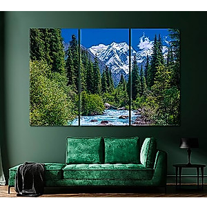 Spruce Forest near a Stormy River and Snowy Mountains Kyrgyzstan Canvas Print 3 Panels / 36x24 inches