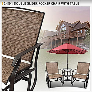 3 in 1 Outdoor Glider Chairs with Table, 1.65" Umbrella Hole Mesh Fabric Patio Loveseat Double Glider Rocker Chair and Center Tempered Glass Table for Garden, Poolside, Balcony
