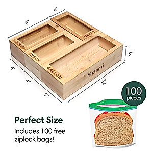 Yuzami Ziplock Bag Organizer , Bamboo Drawer Organizer , 4 Separate Baggie Organizer Storage Bag Organizer, also Includes 100 PCS Sandwich Ziplock Bags, Bag Storage Organizer for Kitchen Drawer