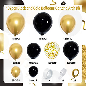 KAWKALSH 137Pcs Black and Gold Balloons Garland Arch Kit, Metallic Gold Confetti Latex Balloons for Graduation Party Baby Shower Wedding Anniversary Birthday Party Decorations…