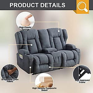 URRED Manual Recliner loveseat Chair with Console for Living Room Modern Manual-Pull Recliner Sofa Home Theater Lounge with Cup Holder,Storage for Home Theater Office (Blue-Grey Loveseat)