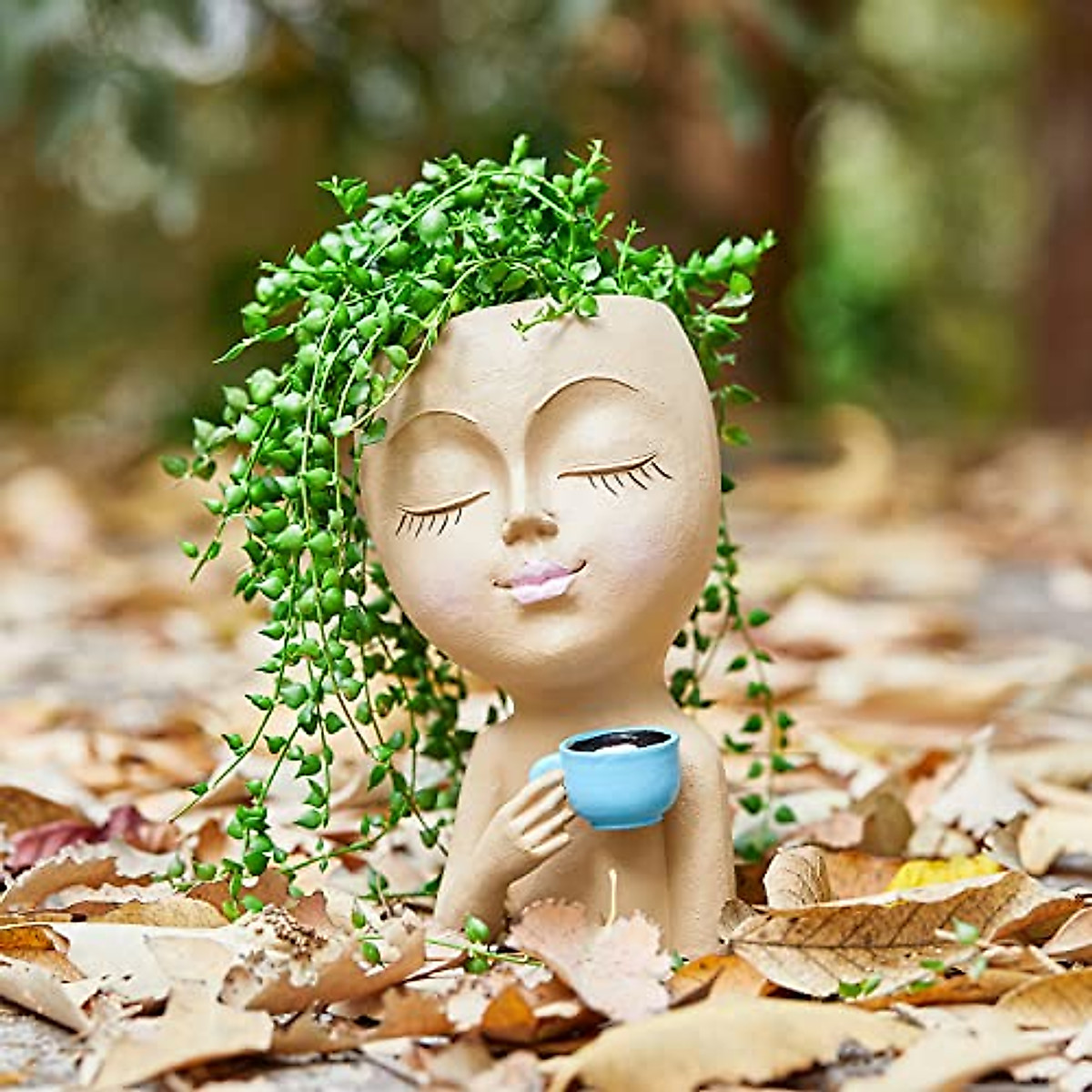 Face Planters Pots Head Planters for Outdoor Plants, Funny Cute Resin Coffee Girl Face Succulent Pots Planter Cactus Planter with Drainage Hole Closed Eyes for Indoor&Outdoor Planter (Style#477A1)