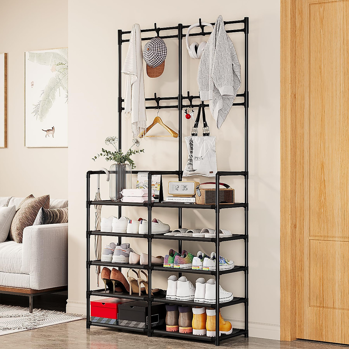 UDEAR 5-Tier Coat and Shoe Rack, Entryway Coat Rack with 8 Hooks, Double Row Shoes Organizer for Living Room, Bedroom, Office, Black